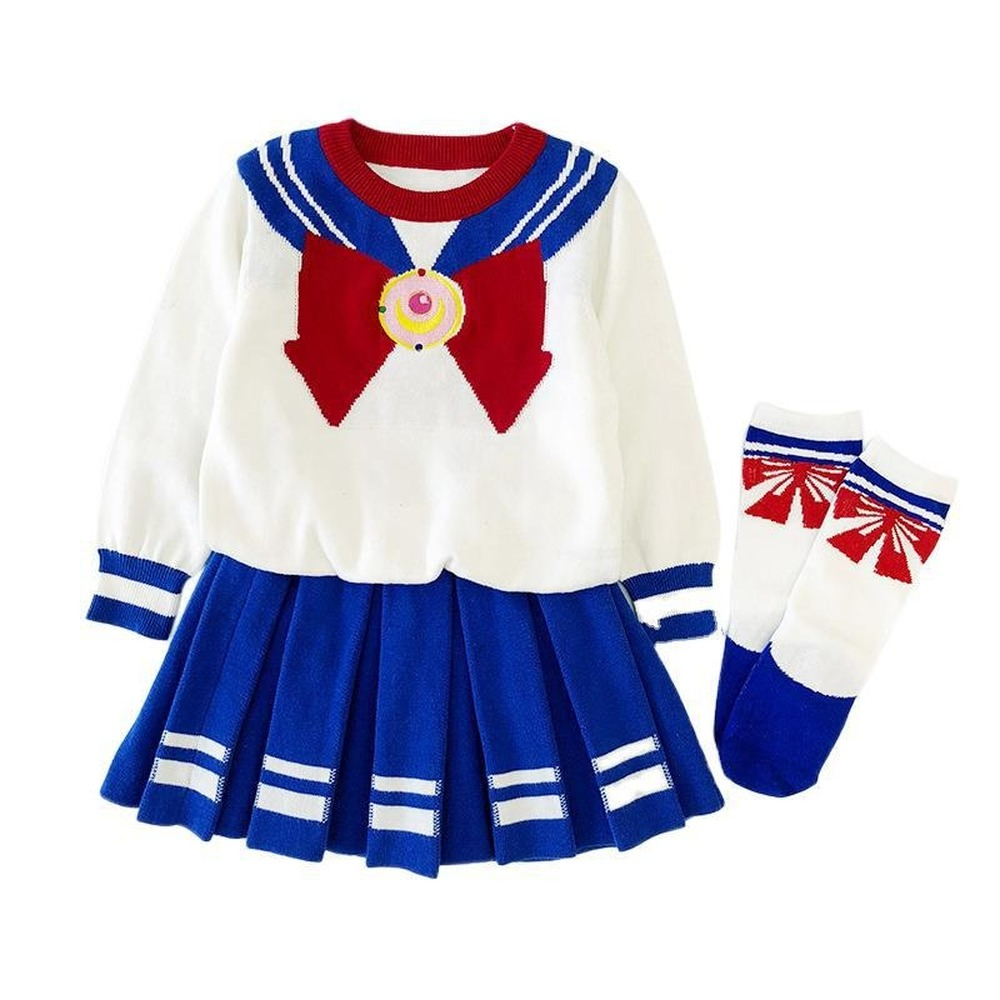Girls Navy Sailor Costume Long Sleeve Knit School Uniform + Stockings ...