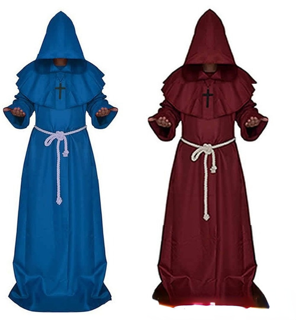 Men Medieval Friar Hooded Robe Monk Cross Necklace Renaissance ...
